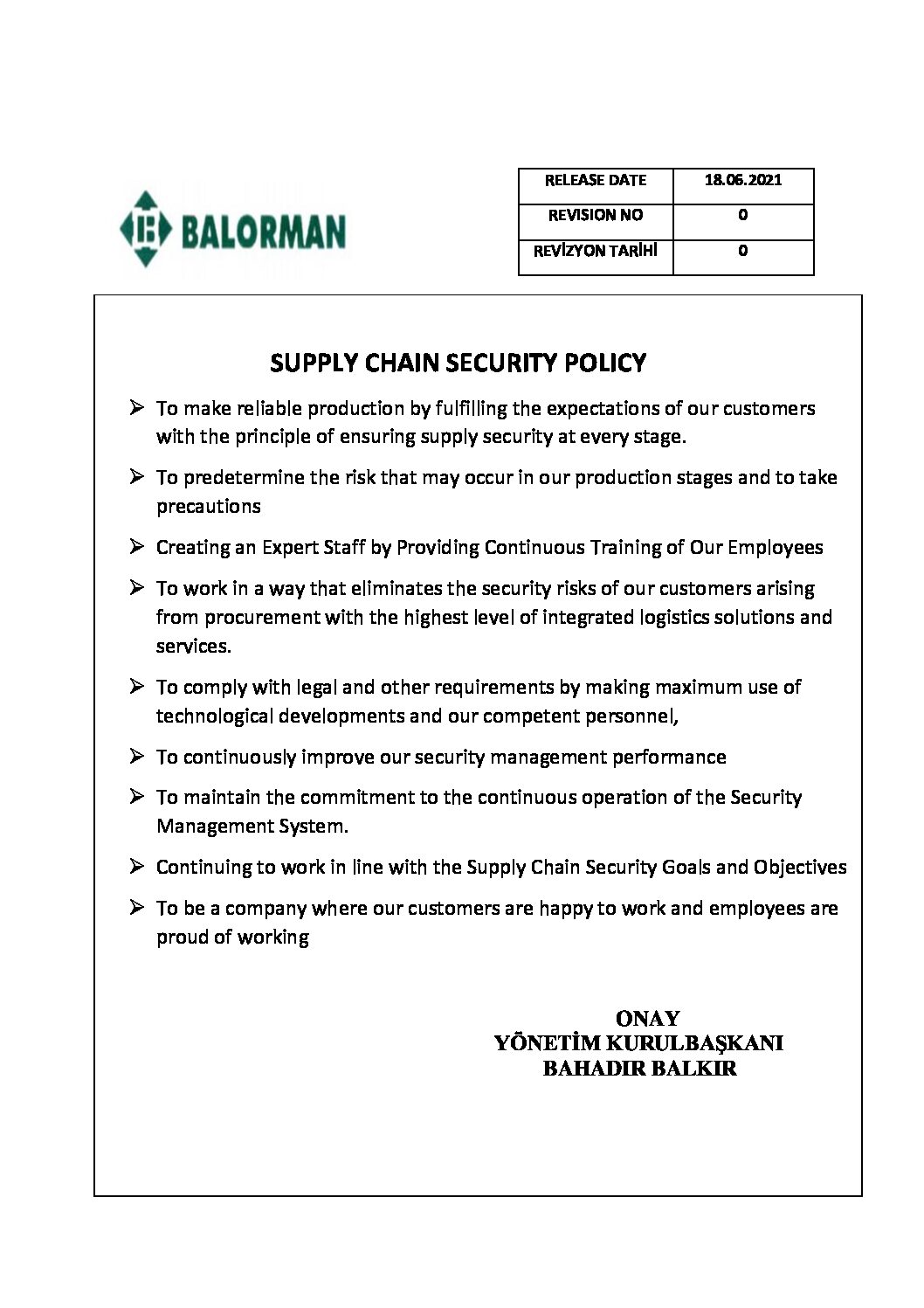 SUPPLY CHAIN SECURITY POLICY – Balorman INT